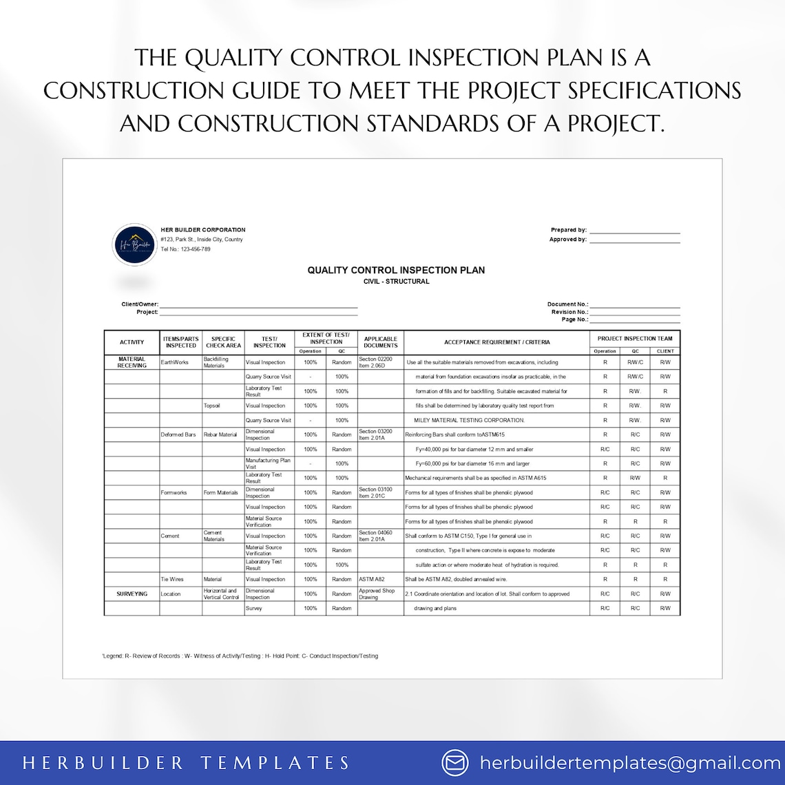 Quality Control Inspection Plan Template for Civil and Structural Works ...