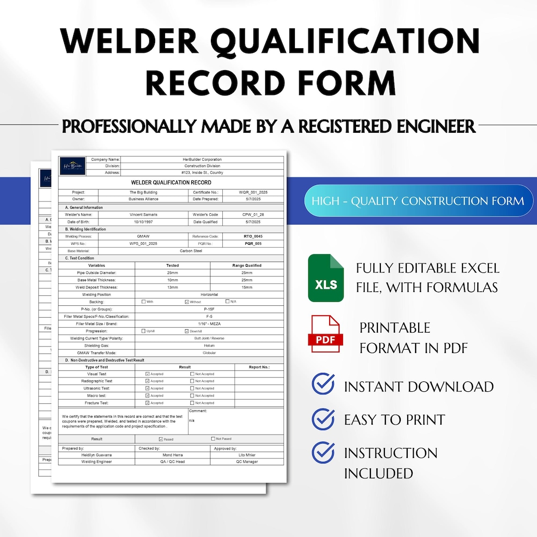 Welder Qualification Record Form, Welder's Test Record, Welder's ...