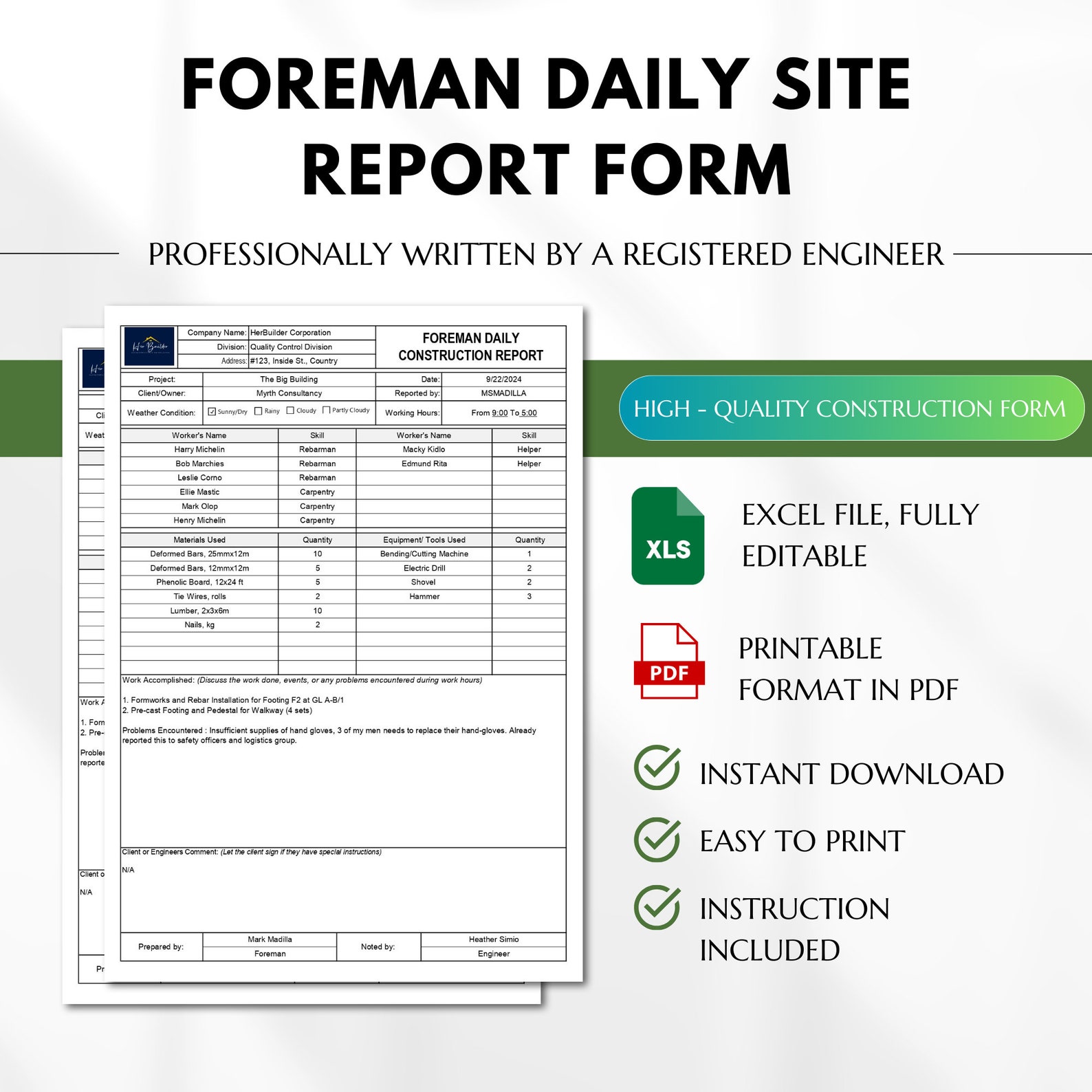 Foreman Daily Construction Report Form, Daily Site Report, Daily Progress Report Form ...
