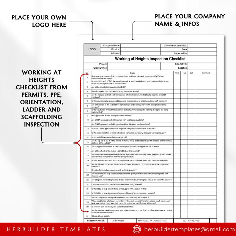 Working at Heights Inspection Checklist for Construction, Safety at ...