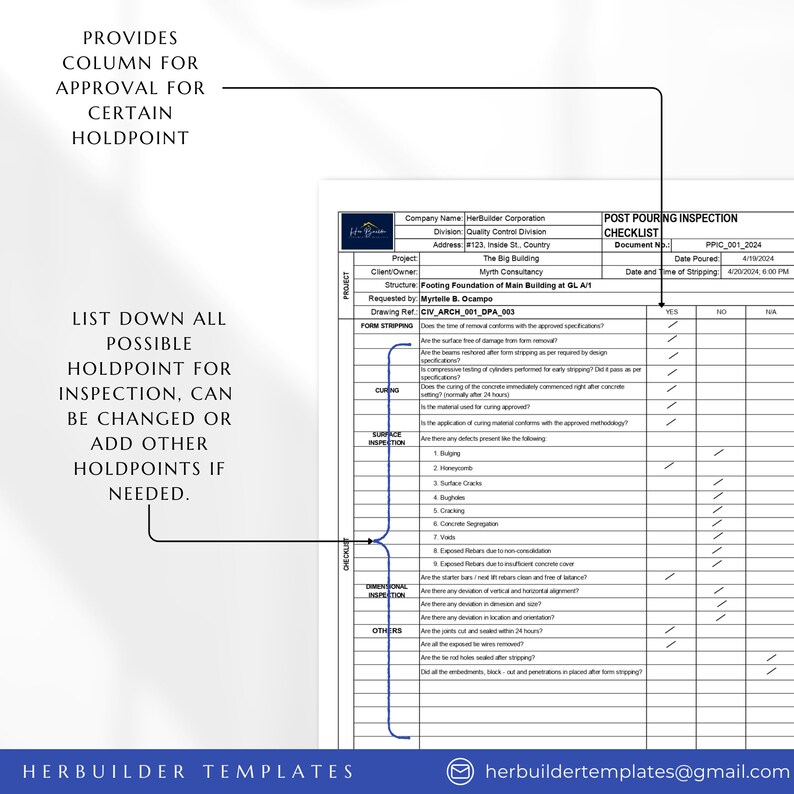 Post Pouring Inspection Checklist, Concrete Pouring Checklist, Quality ...