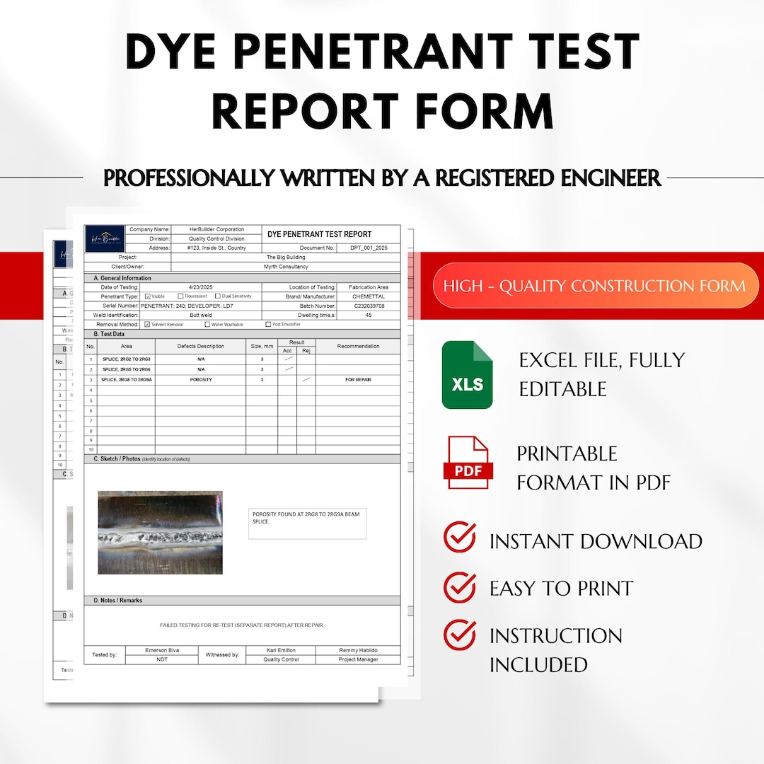 Dye Penetrant Test Report Form, Liquid Penetrant Test Report, Weld Test ...