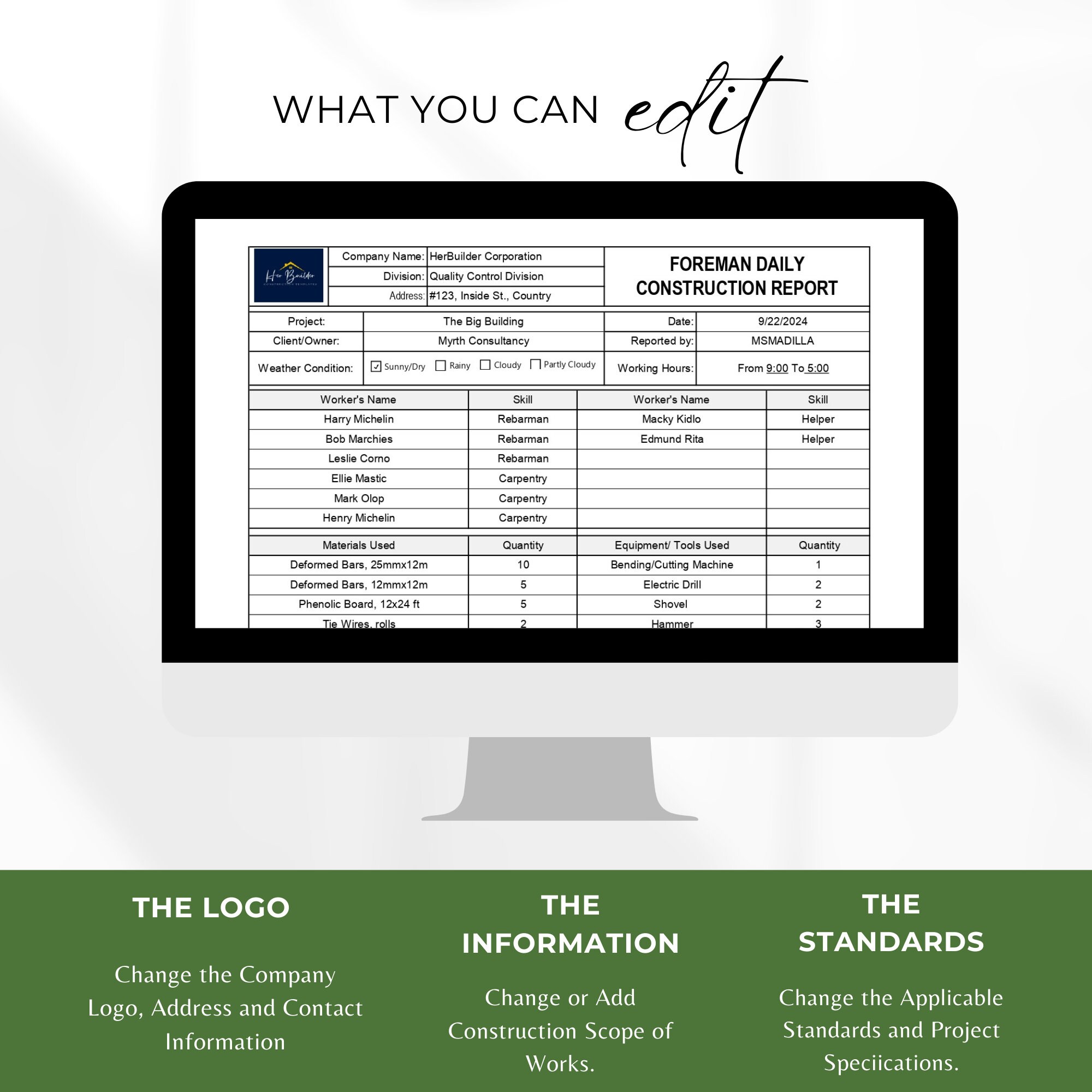 Foreman Daily Construction Report Form, Daily Site Report, Daily ...