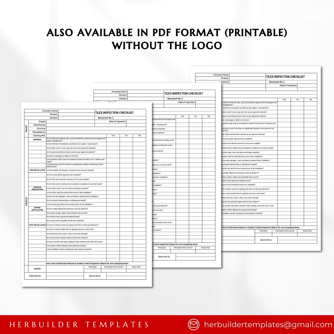 Tiles Inspection Checklist Form, Tiles Installation Inspection, Quality ...