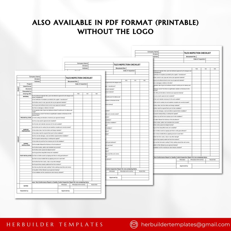 Tiles Inspection Checklist Form, Tiles Installation Inspection, Quality ...