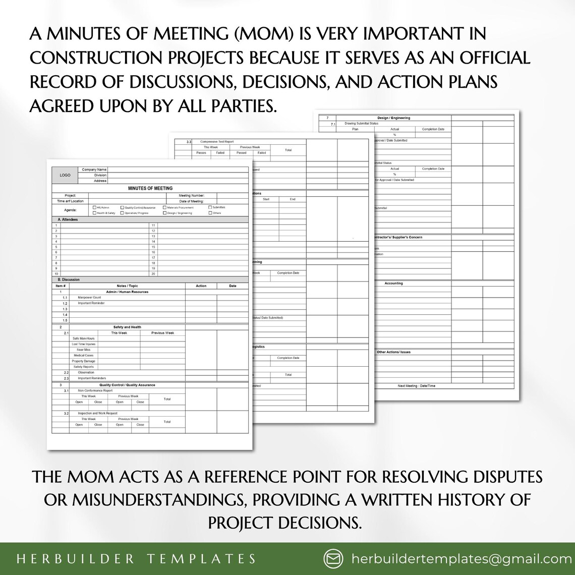 Construction Minutes of Meeting Template, Meeting Form, Meeting ...