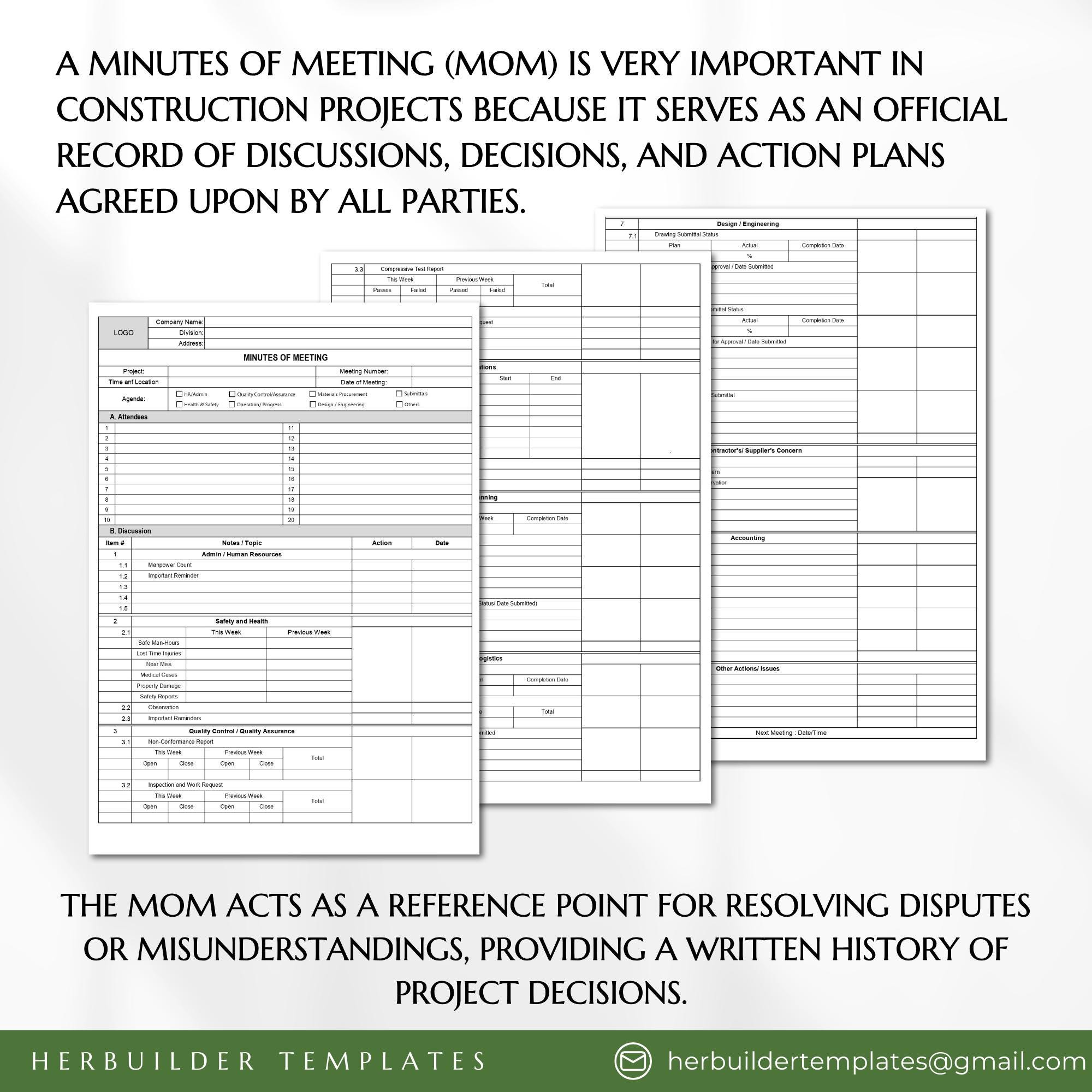 Construction Minutes of Meeting Template, Meeting Form, Meeting ...