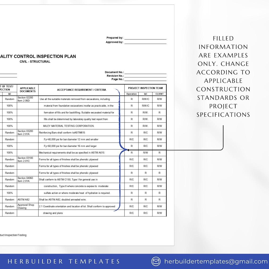 Quality Control Inspection Plan Template for Civil and Structural Works ...