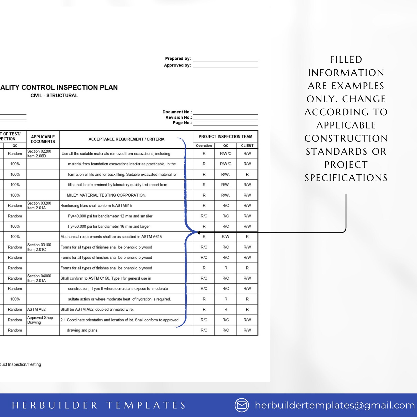 Quality Control Inspection Plan Template for Civil and Structural Works ...