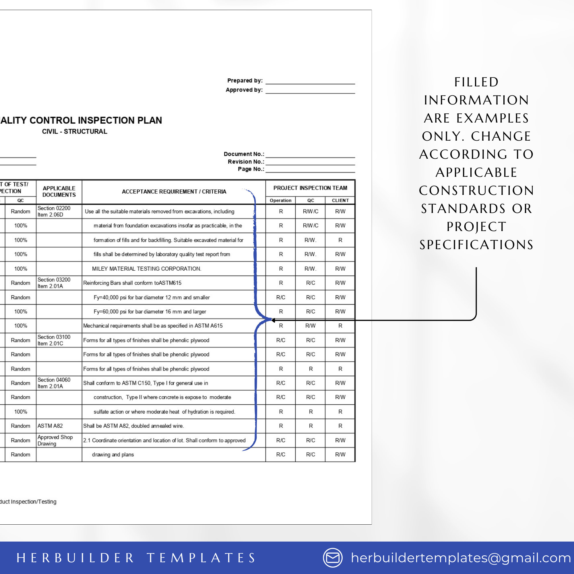 Quality Control Inspection Plan Template for Civil and Structural Works ...