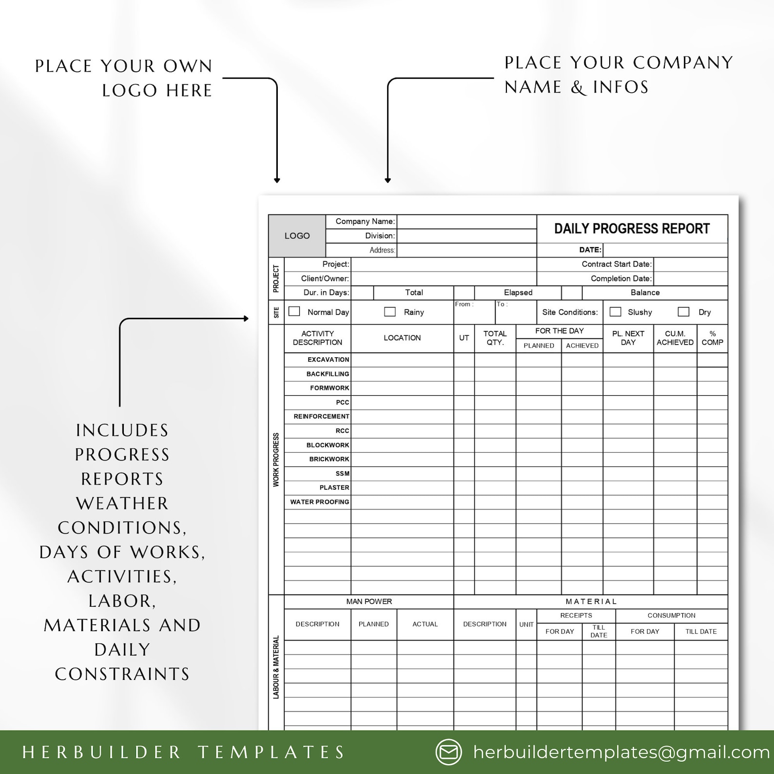 Construction Daily Progress Report Form, Daily Construction Work ...