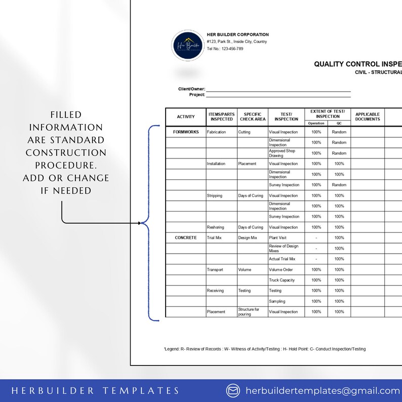 Quality Control Inspection Plan Template for Civil and Structural Works ...