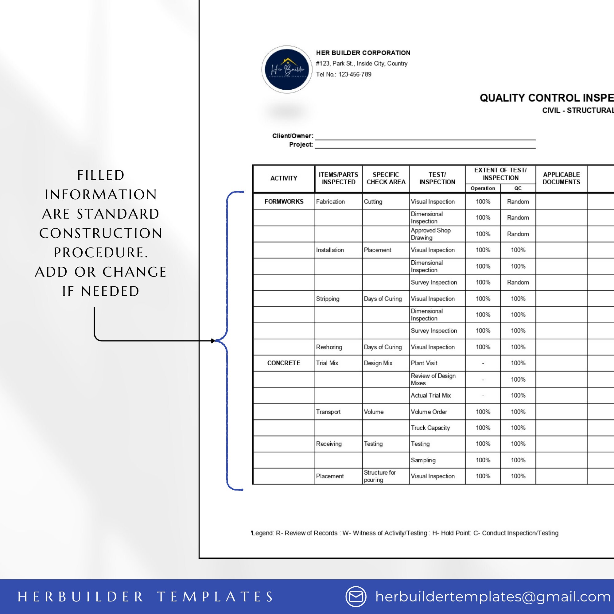Quality Control Inspection Plan Template for Civil and Structural Works ...