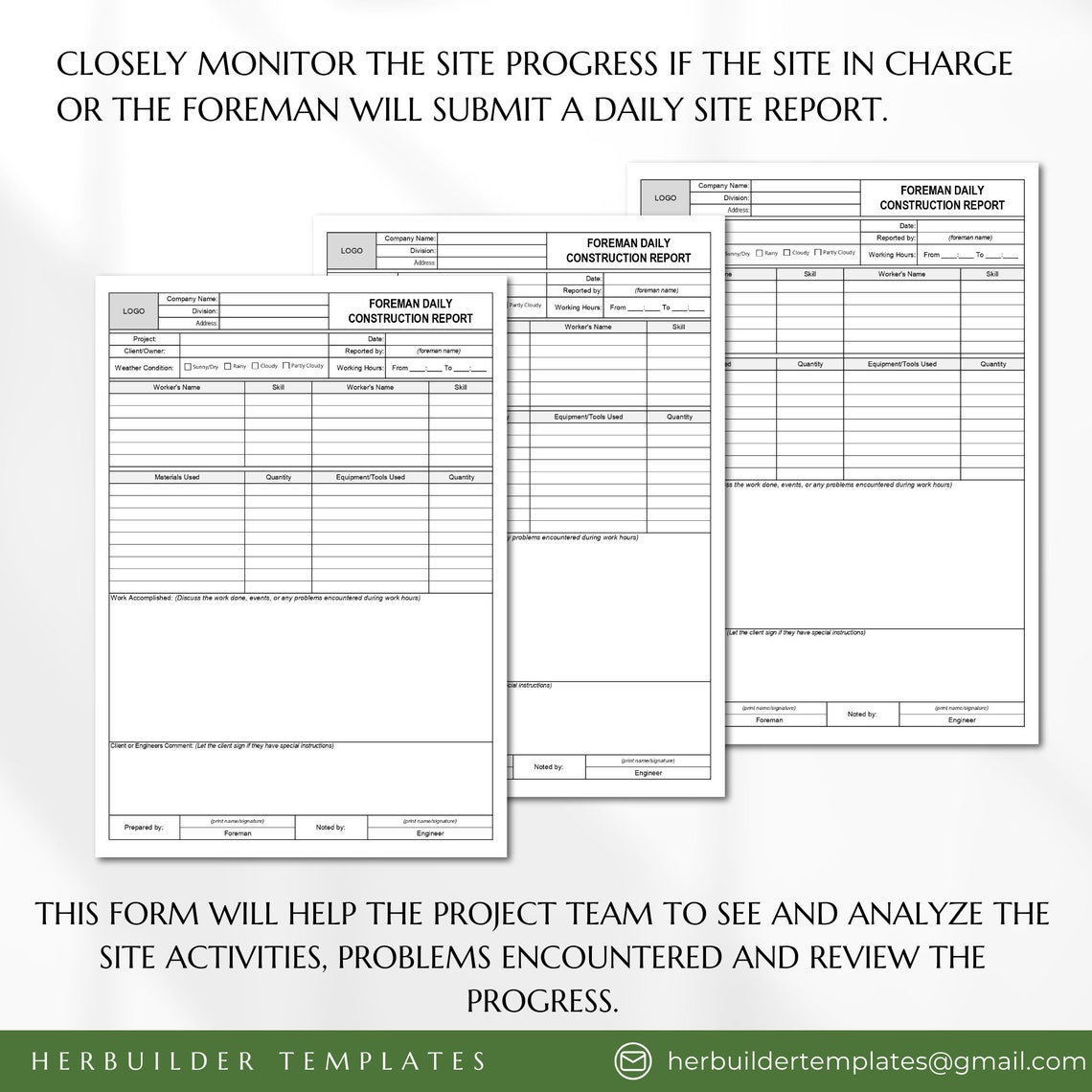 Foreman Daily Construction Report Form, Daily Site Report, Daily ...