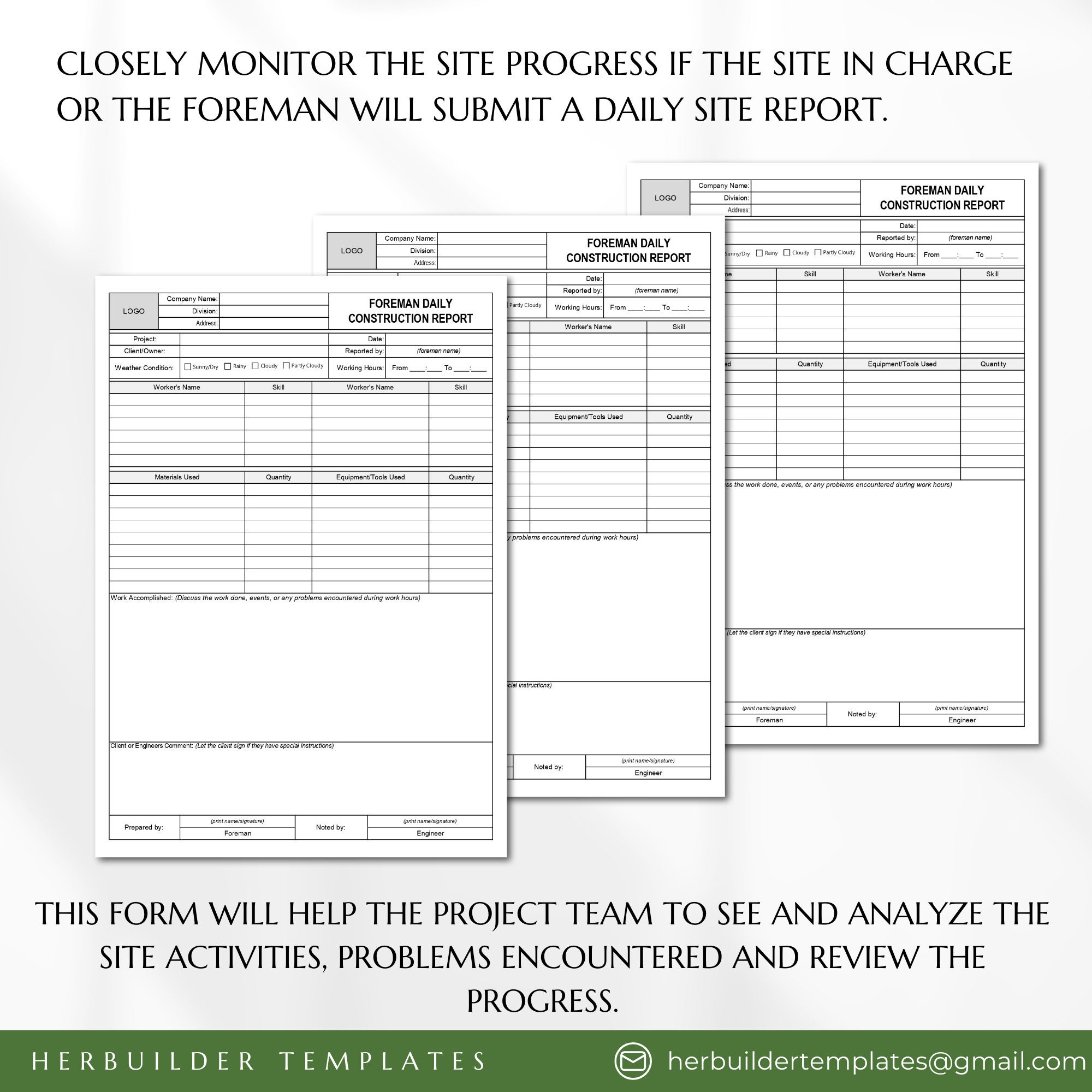 Foreman Daily Construction Report Form, Daily Site Report, Daily ...