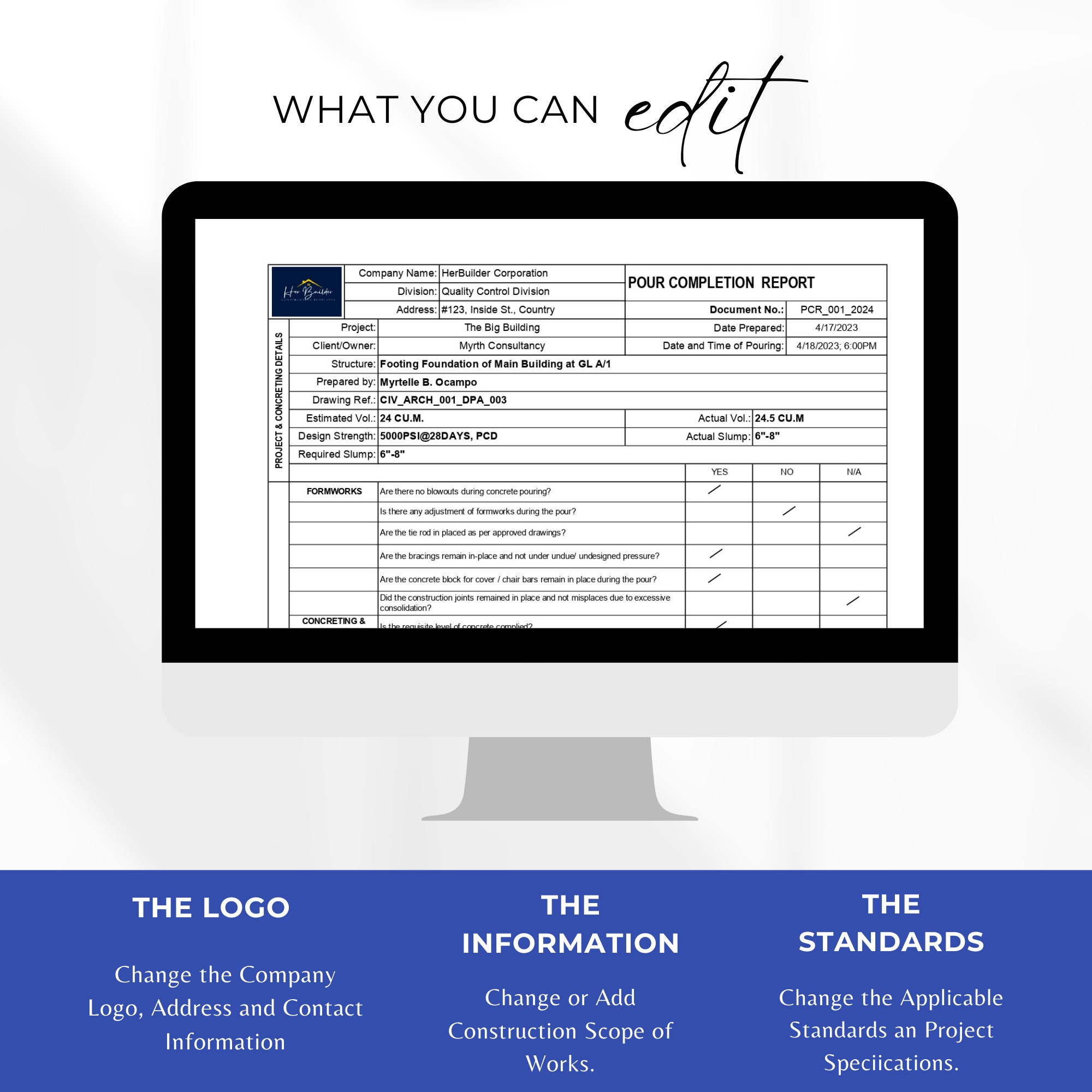 Concrete Pour Completion Report, Concrete Pouring Checklist, Inspection ...