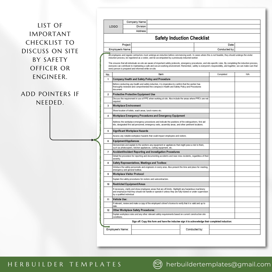 Construction Safety Induction Checklist, Safety Orientation Form ...