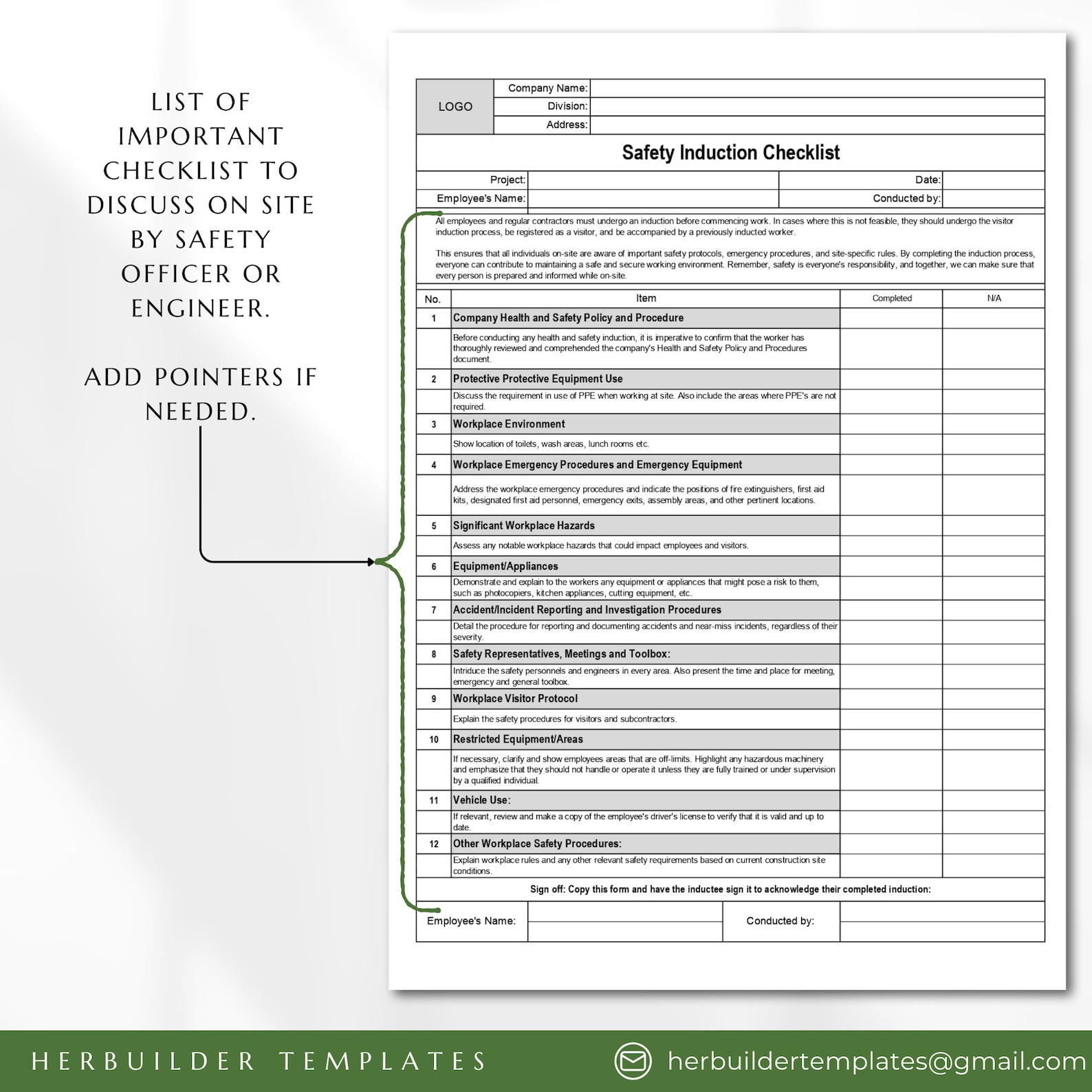 Construction Safety Induction Checklist, Safety Orientation Form ...