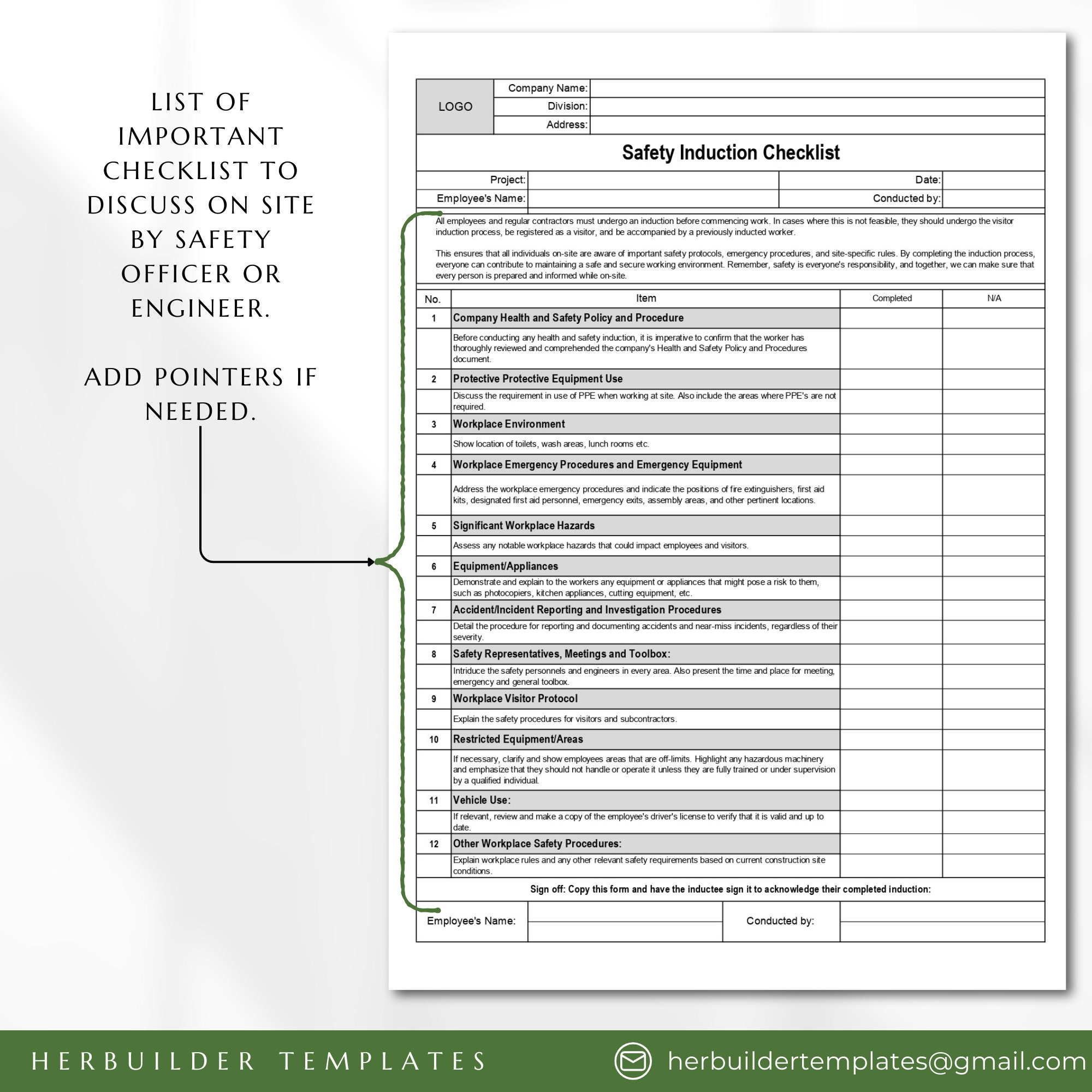 Construction Safety Induction Checklist, Safety Orientation Form ...