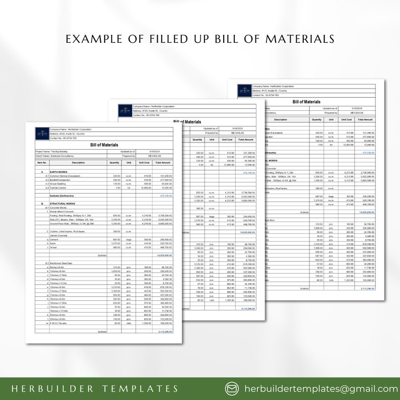 Construction Bill of Materials, Bill of Quantities, Material Quantity and Cost, Cost and Value ...