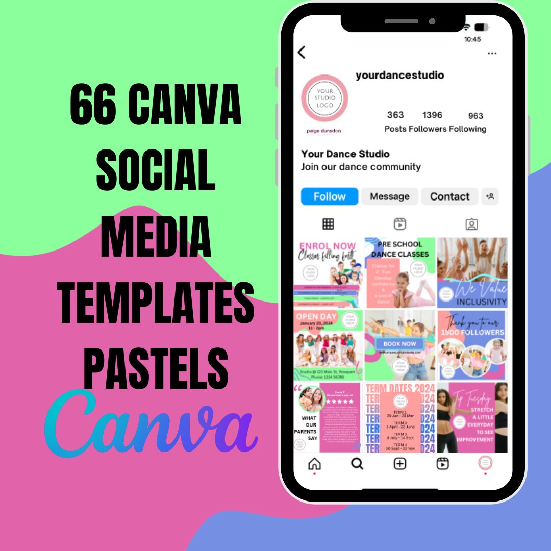 66 Dance Studio Social Media Canva Templates - Bright Pastels - Digital ...