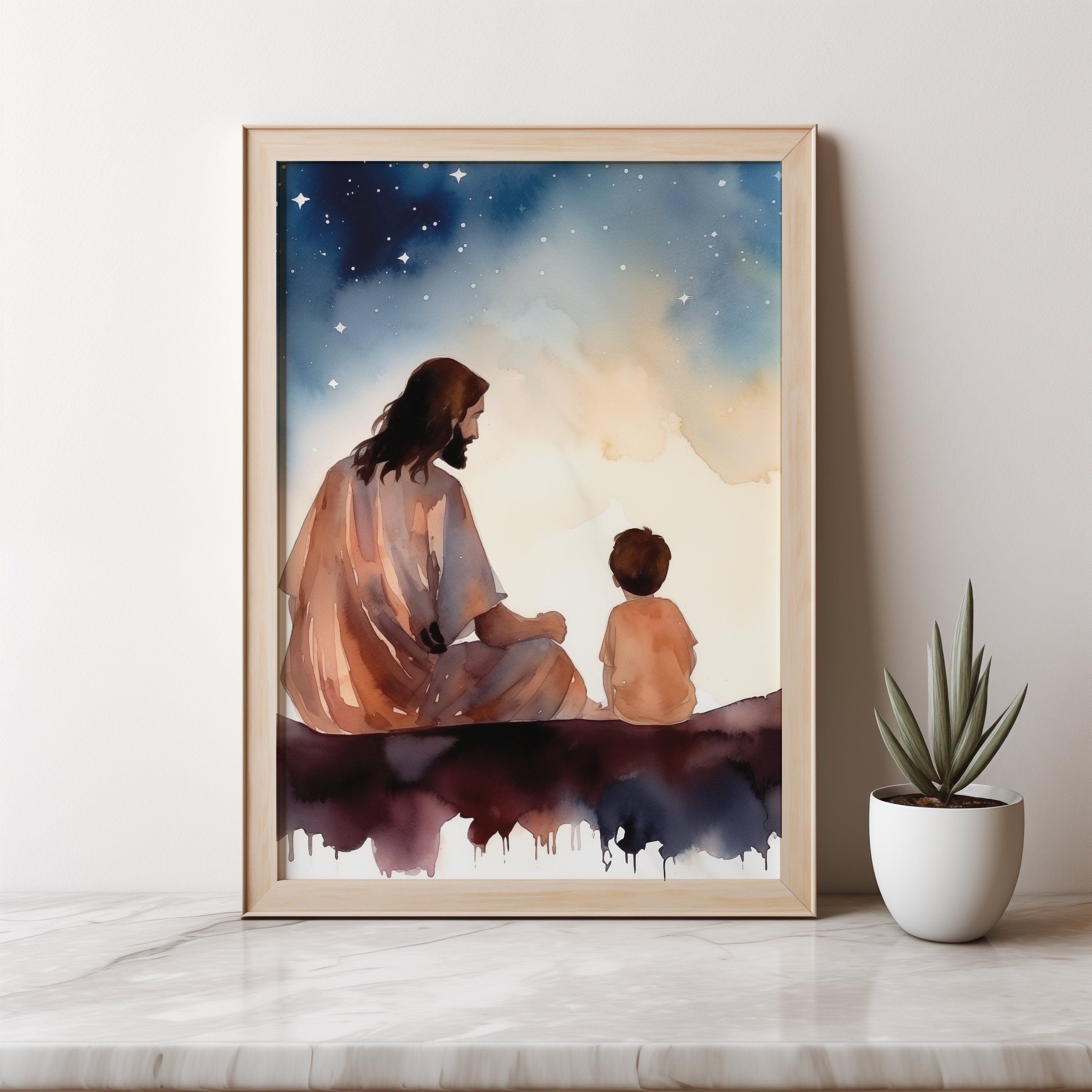 Counting Stars With Jesus Christ Stargazing Child Young Boy With Savior ...