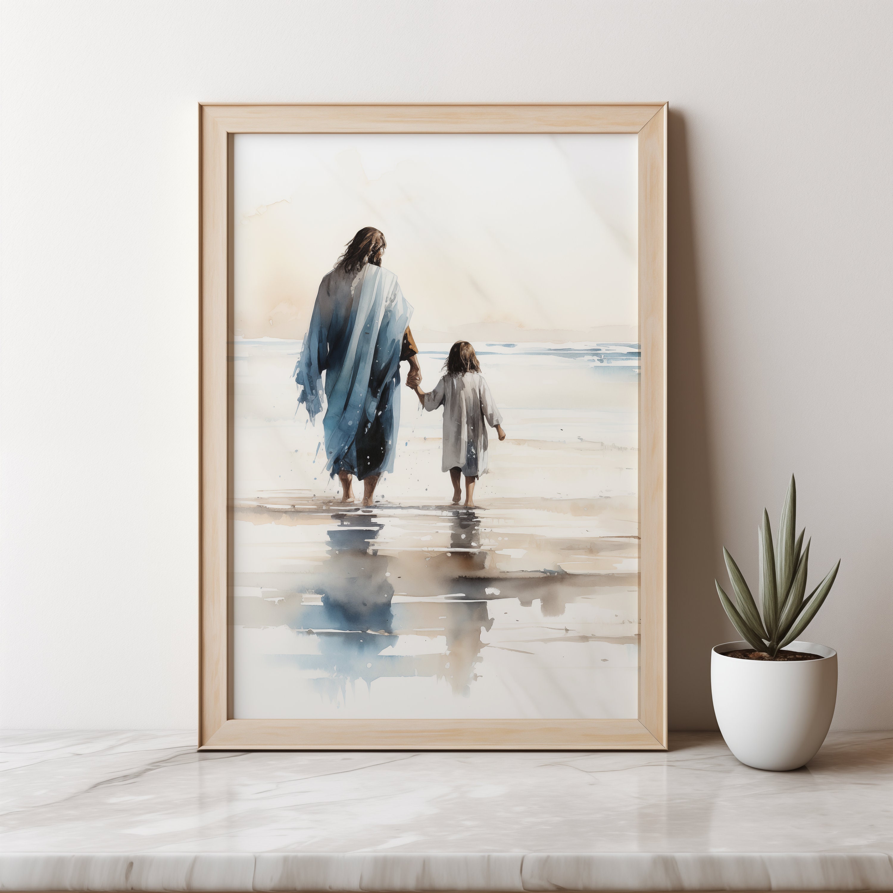 Walking With Jesus on the Beach Water Color Painting Holding Hands With ...