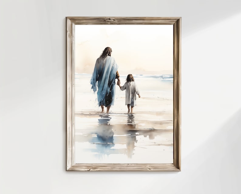 Walking With Jesus on the Beach Water Color Painting Holding Hands With ...