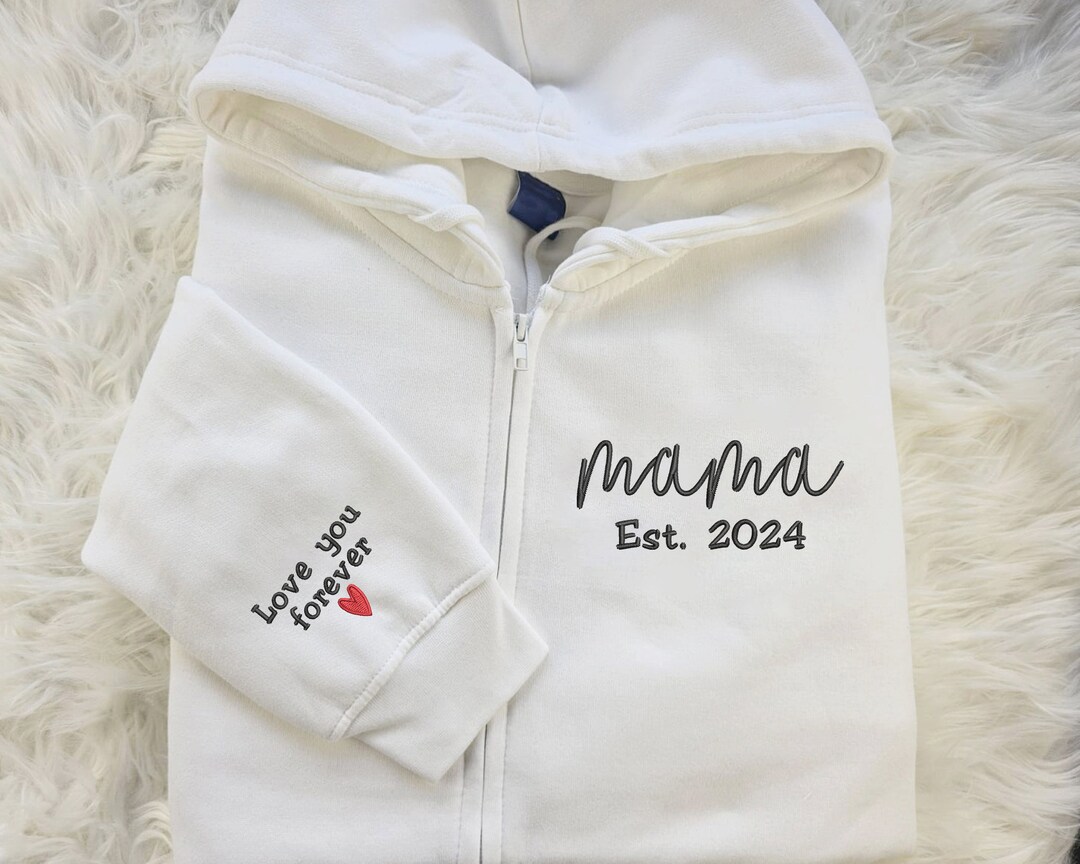 Embroidered Mama Hoodie, Custom Text and Heart on Sleeve Zip up Jumper ...