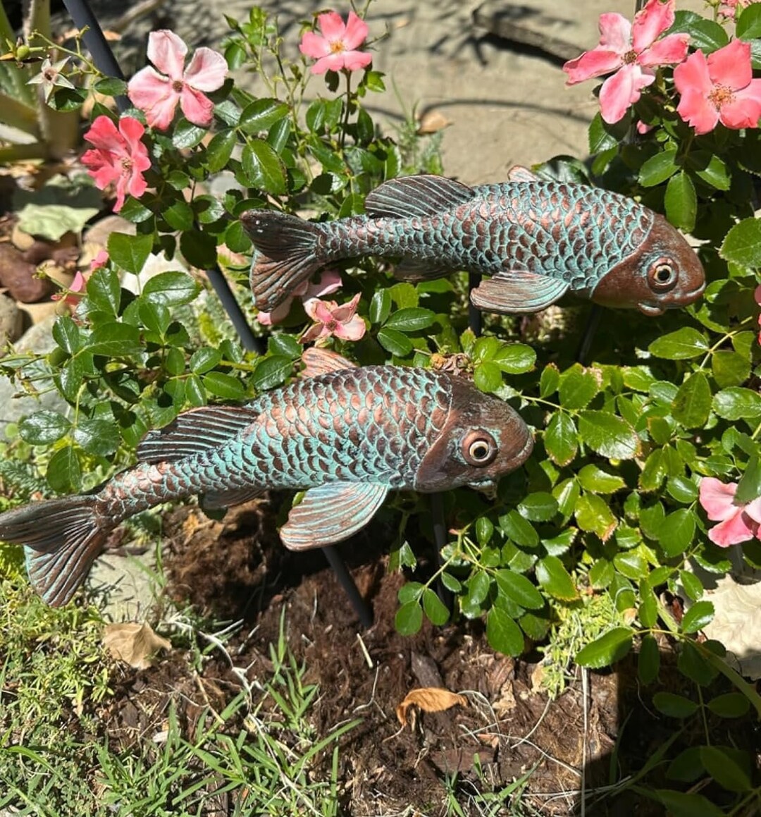 Set of 2 Ceramic Koi Fish Yard Art Decor Garden Sculptures and Statues ...