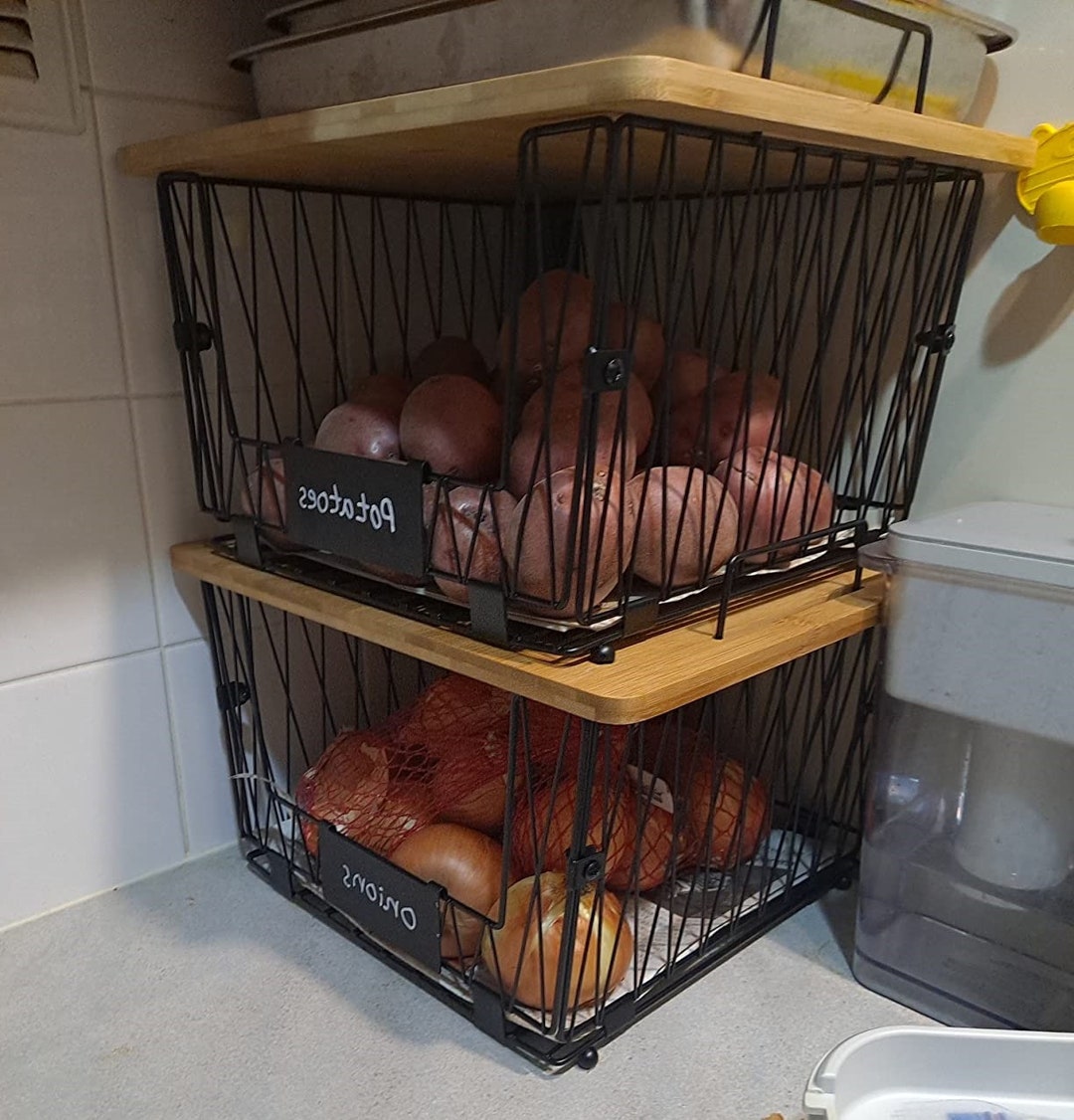 Stackable Wire Storage Baskets 2-pack With Wooden Lids Organize Your ...