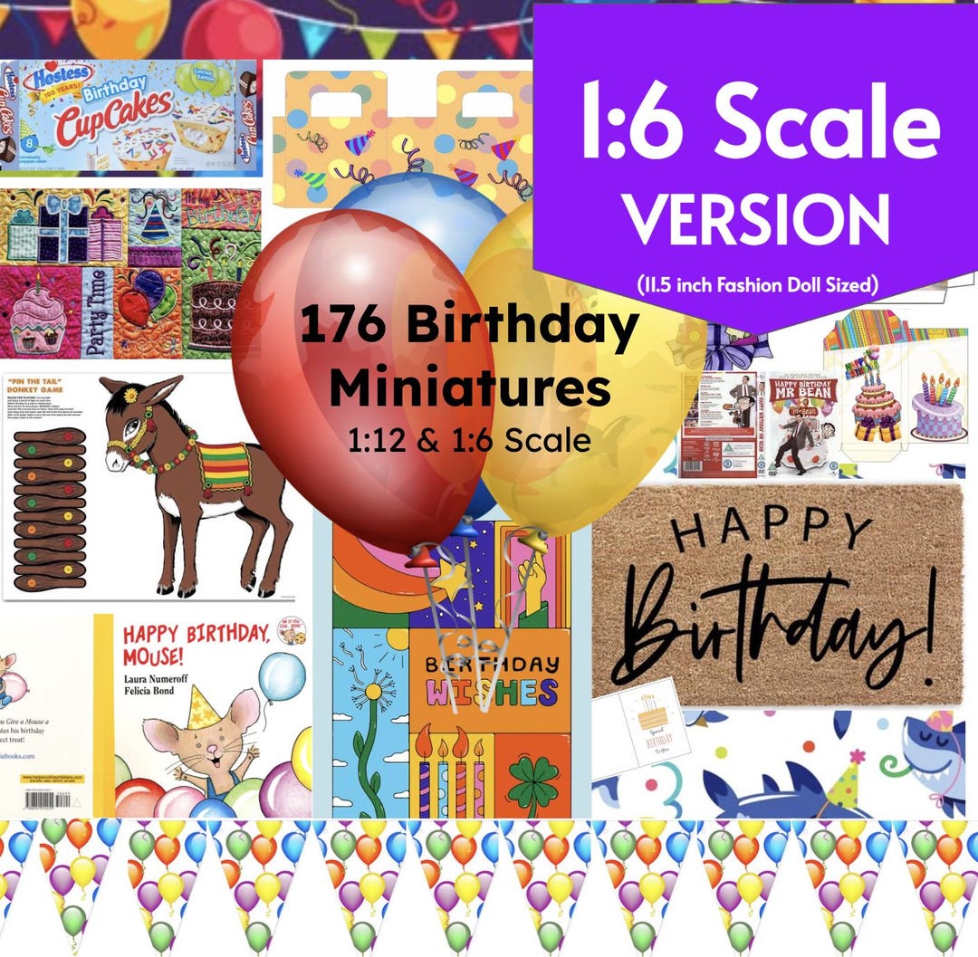 176 BIRTHDAY Dollhouse Miniatures 1:6 Scale PDF Printable Room Box Kit ...