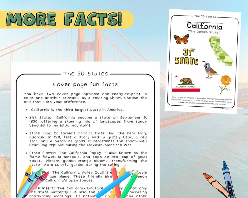 California-the 50 States-coloring Pages-learning + Fun-facts Sheet ...