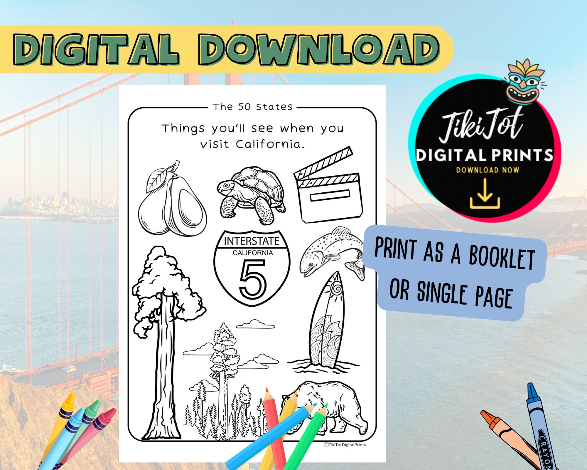 California-the 50 States-coloring Pages-learning + Fun-facts Sheet ...