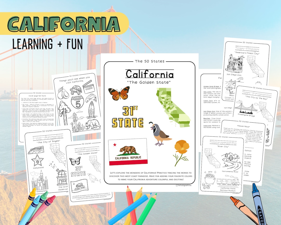 California-the 50 States-coloring Pages-learning + Fun-facts Sheet ...
