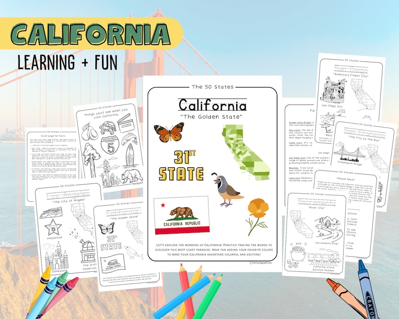 California-the 50 States-coloring Pages-learning + Fun-facts Sheet ...