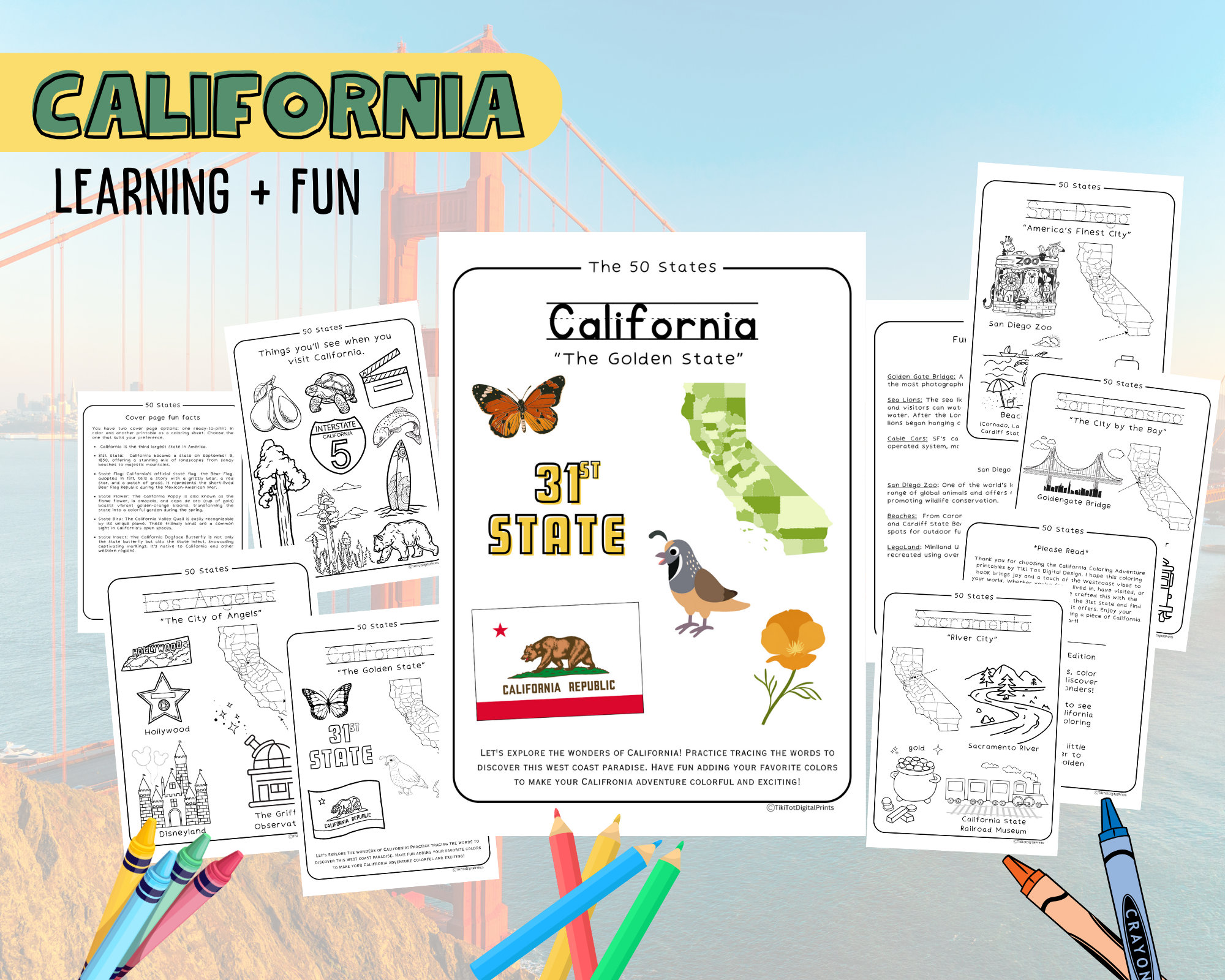 California-the 50 States-coloring Pages-learning + Fun-facts Sheet ...