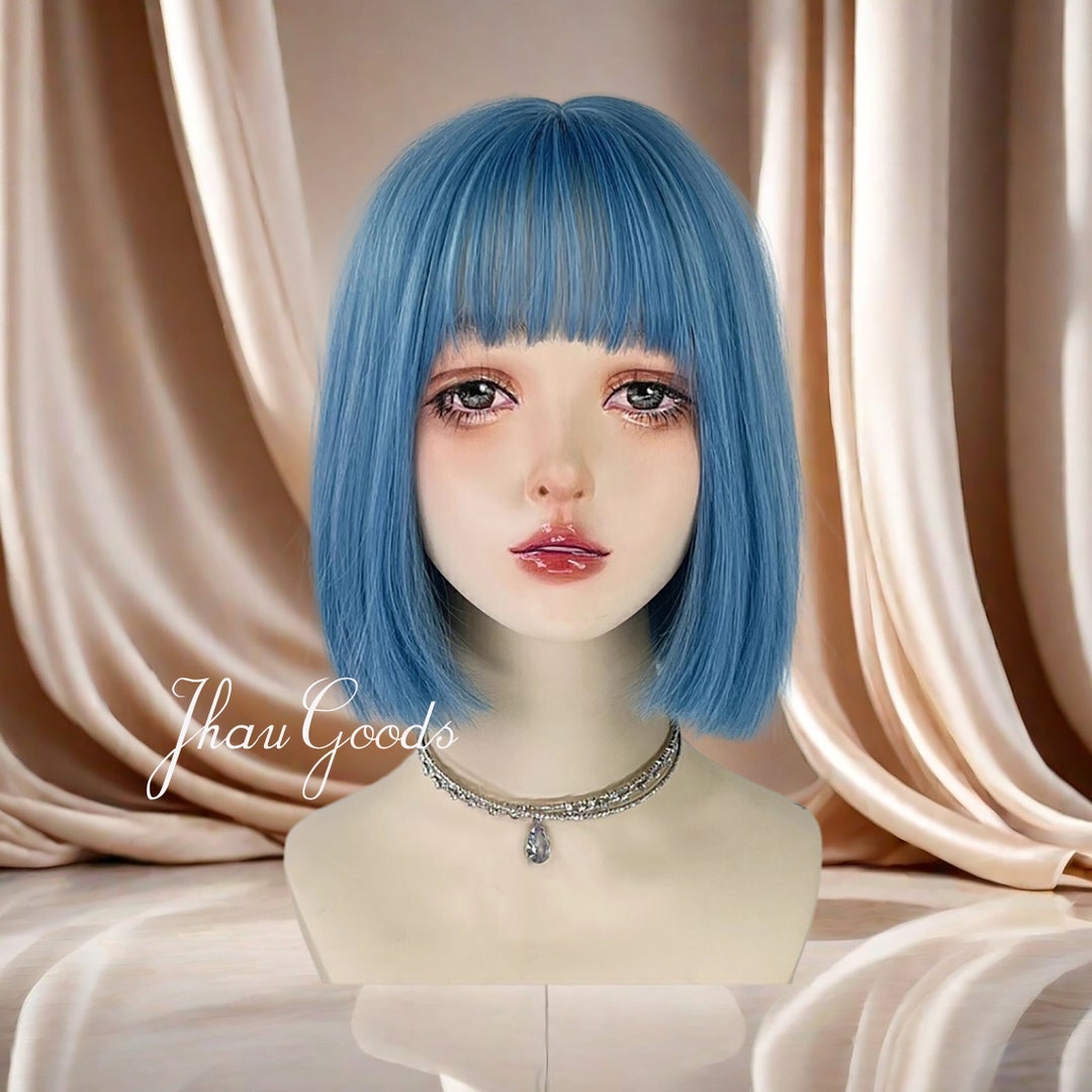 Short Straight Wig, Blue Bobo Wig With Bangs, Y2K Style Cosplay Wig ...