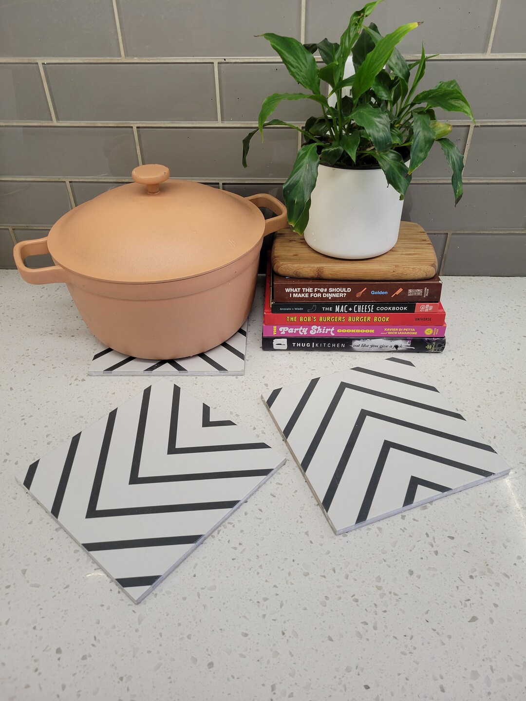 Set of 4 Porcelain Trivets | Square With Cork Backing | Black & White ...