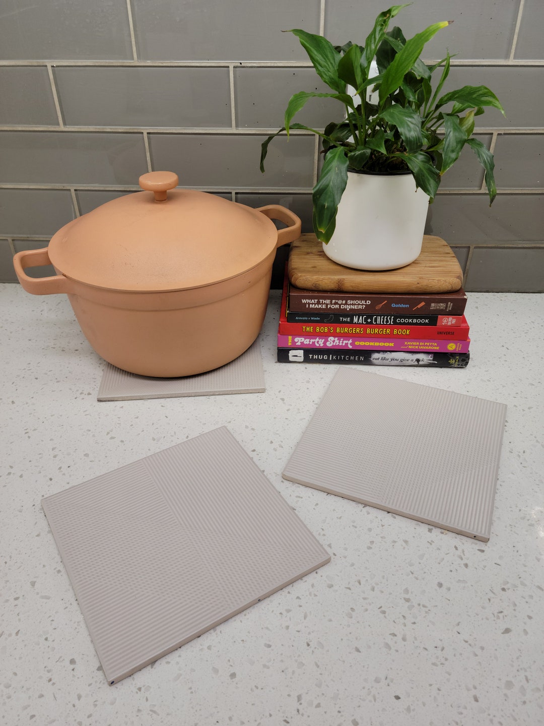 Set of 4 Ceramic Trivets | Square With Cork Backing | Subtle Geometric ...