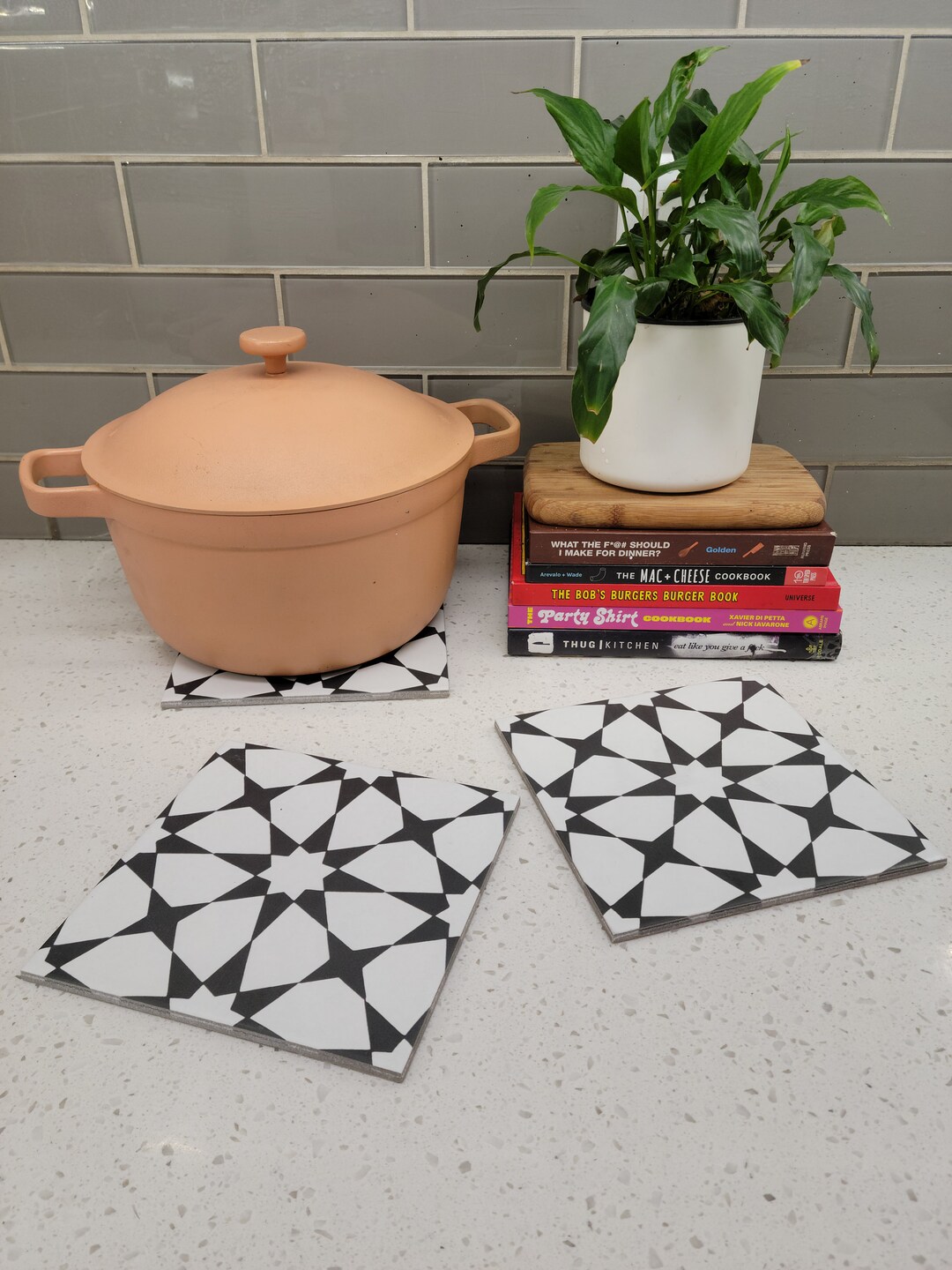 Set of 4 Porcelain Trivets | Square With Cork Backing | Black & White ...