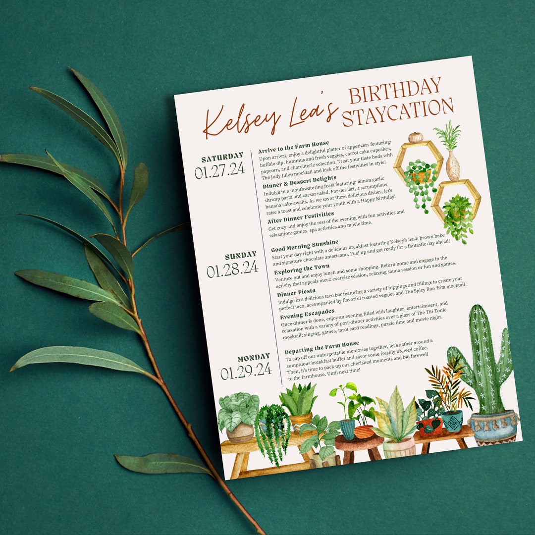 Editable Potted Plant Birthday Staycation Itinerary Template ...