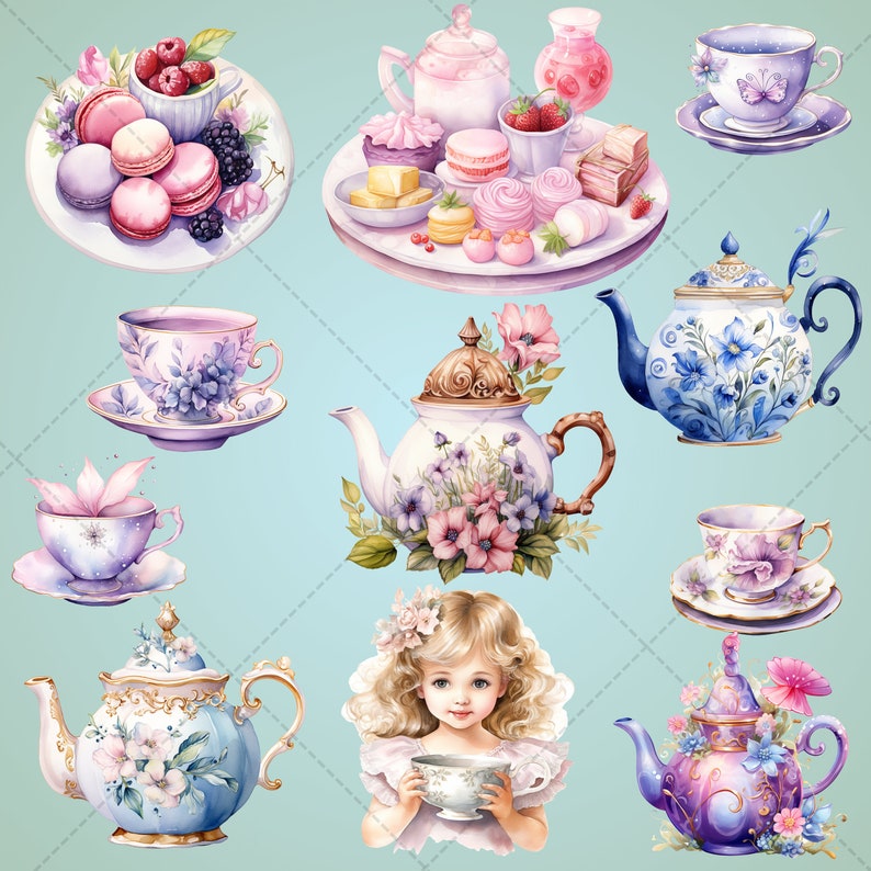 Tea Party Clipart, Watercolor Tea Set, Cute Tea Time Clip Art, Teacups ...