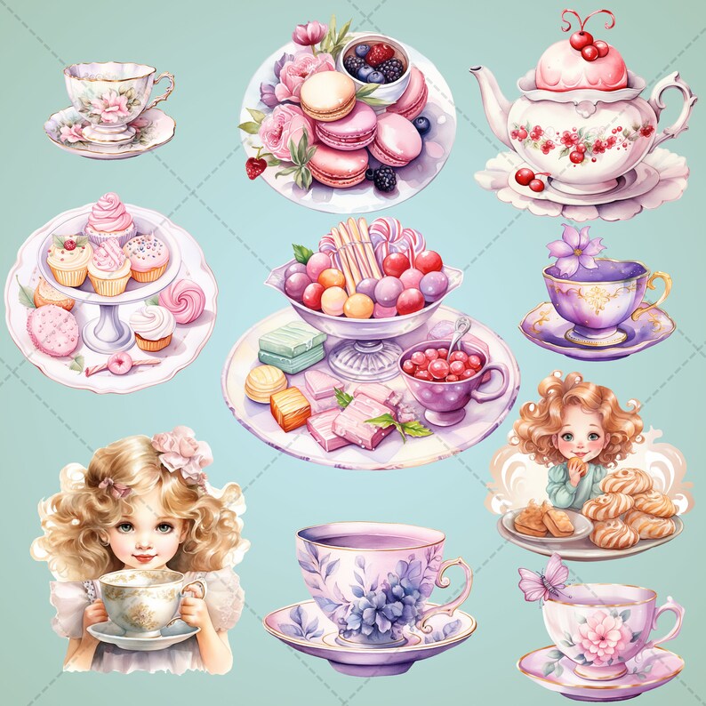Tea Party Clipart, Watercolor Tea Set, Cute Tea Time Clip Art, Teacups ...