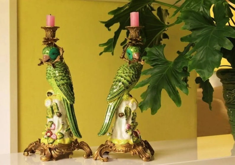 Parrot Candlesticks Porcelain Figure Candle Holder Boho Chic Colorful ...