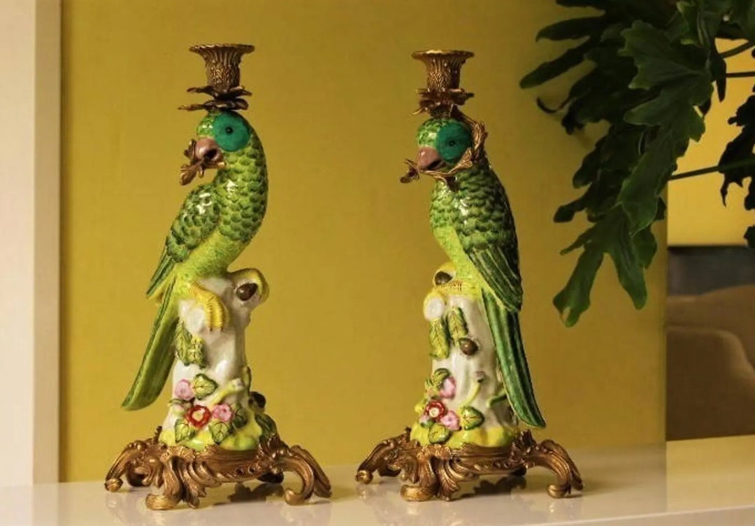Parrot Candlesticks Porcelain Figure Candle Holder Boho Chic Colorful ...