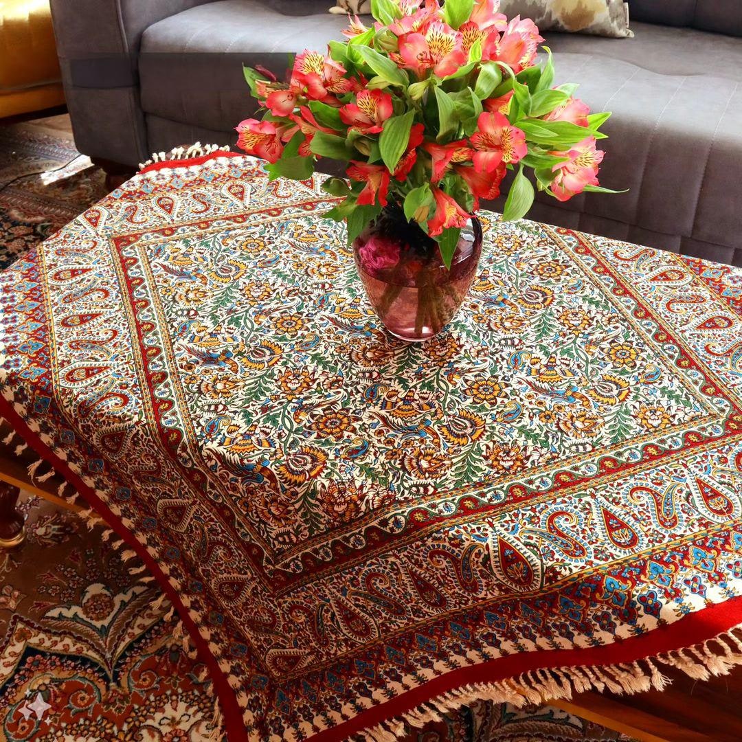 Hand-printed Persian Tablecloth: Bird Design Cotton Ghalamkar Art, Gift ...