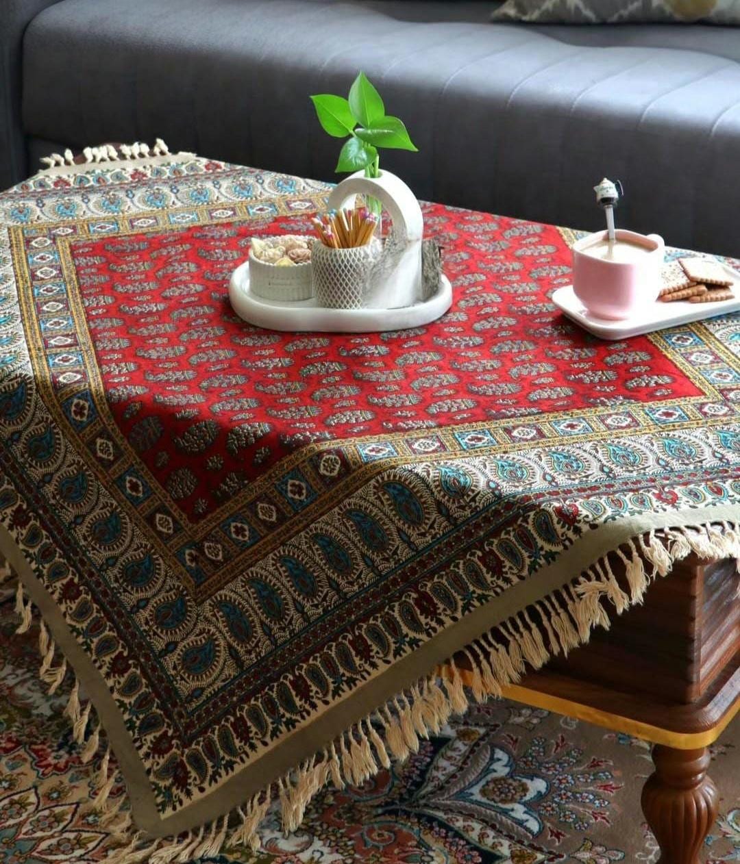 Red Ghalamkar Tablecloth 100x100 | Hand Printed Persian Art | Boho Home ...