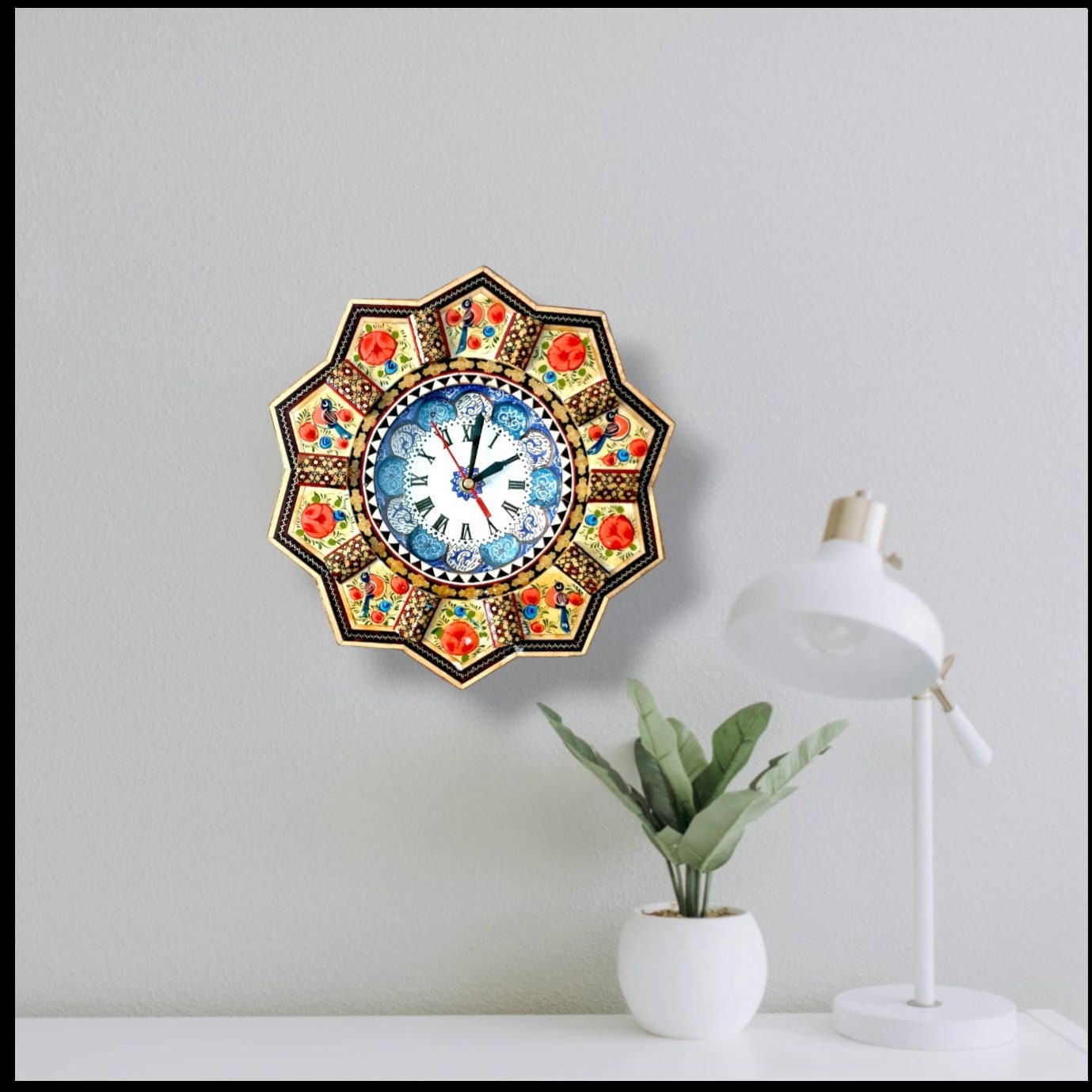 Bird Painting Wall Clock Persian Handmade Wood Clock Home Decoration ...