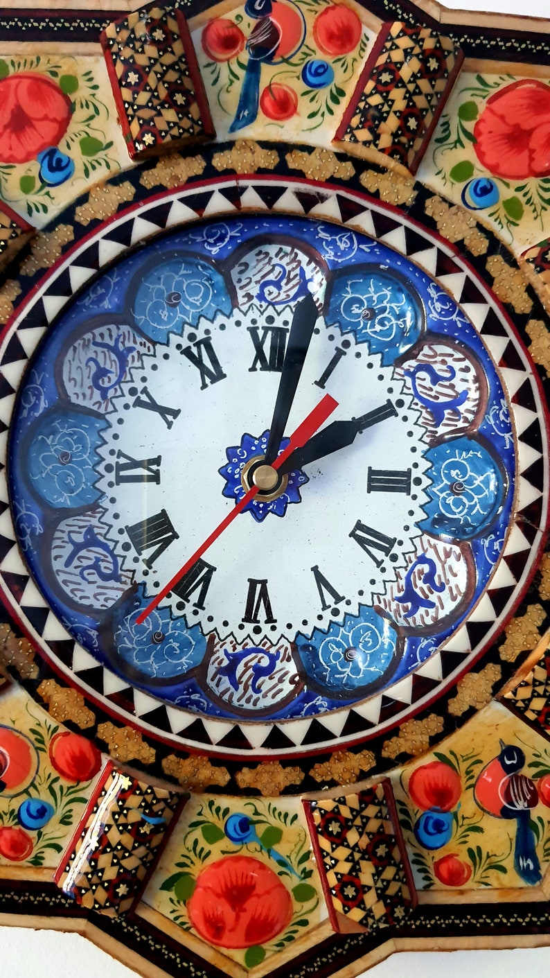 Bird Painting Wall Clock Persian Handmade Wood Clock Home Decoration ...